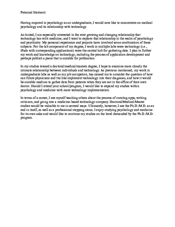 Psychology Personal Statement Example