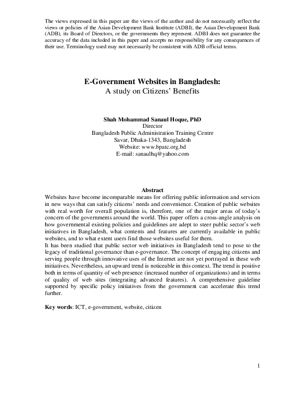 (PDF) E-Government Websites in Bangladesh: A study on Citizens' Benefits