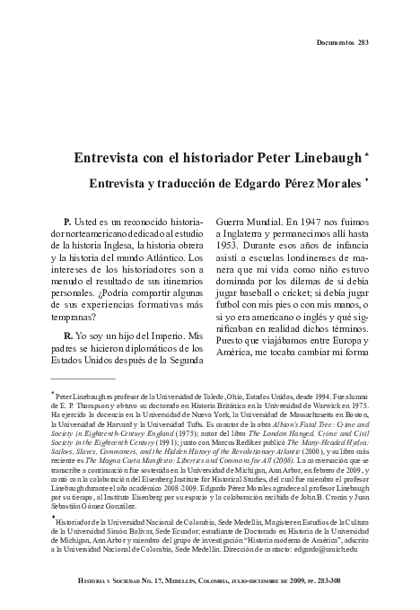 (PDF) Entrevista con el historiador Peter Linebaugh