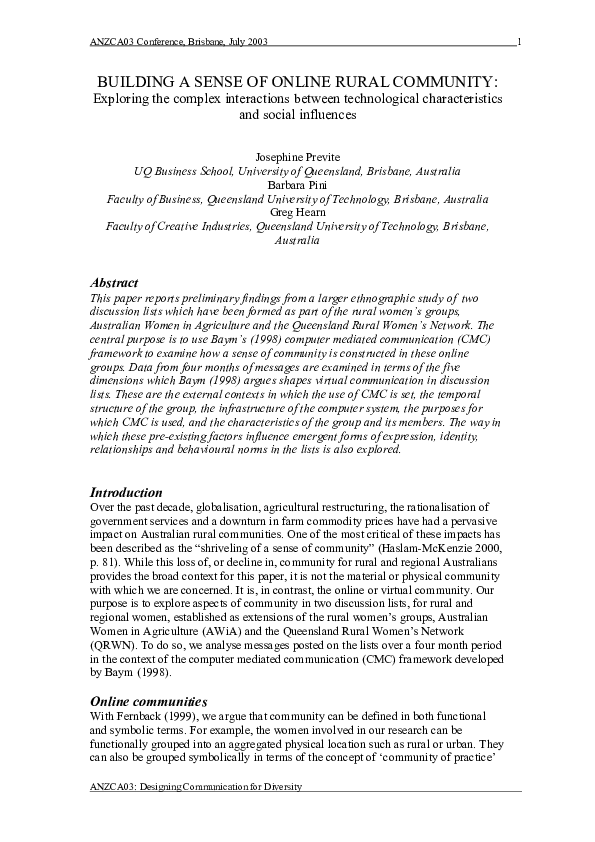 (PDF) BUILDING A SENSE OF ONLINE RURAL COMMUNITY: Exploring the complex ...