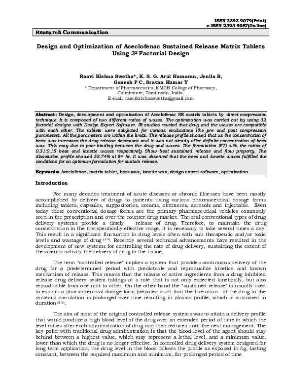 Pdf Design And Optimization Of Aceclofenac Sustained Release Matrix Tablets Using 32 Factorial