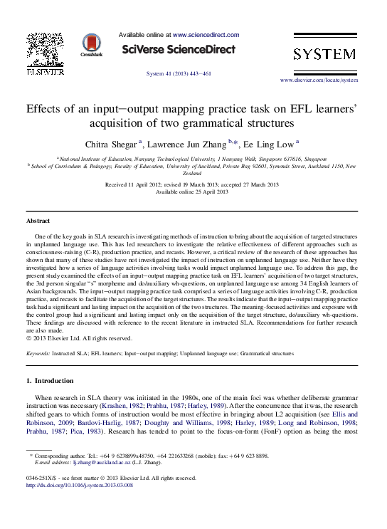 Effects Of An Input Output Mapping Practice Task On Efl Learners Acquisition Of Two Grammatical