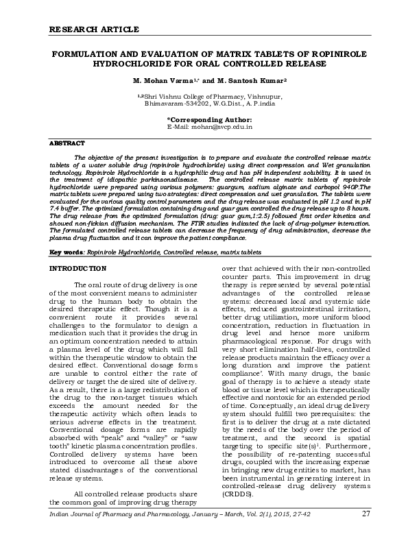 Pdf Formulation And Evaluation Of Matrix Tablets Of Ropinirole Hydrochloride For Oral