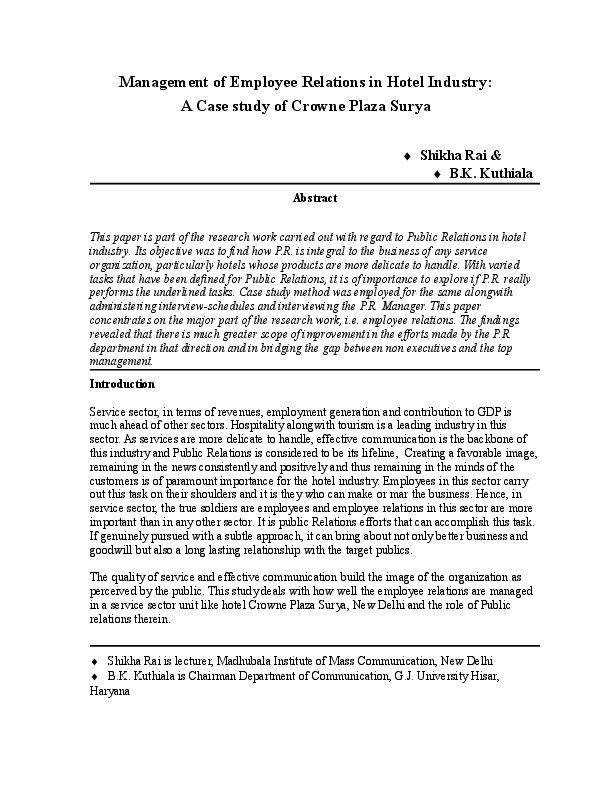 (DOC) Management of Employee Relations in Hotel Industry: a case study ...