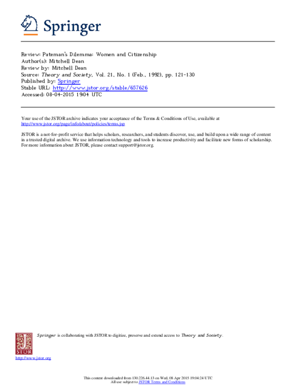 Pdf Review Essay On Carole Pateman From 1992 Mitchell Dean