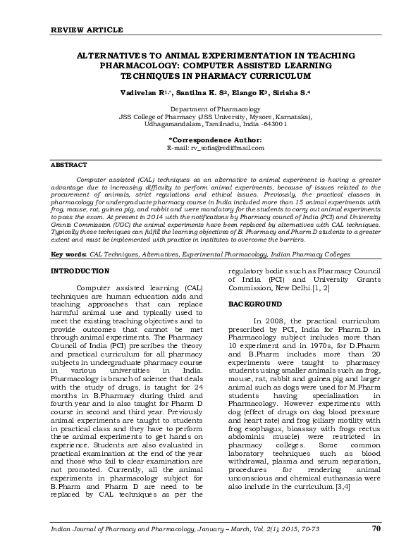 (PDF) ALTERNATIVES TO ANIMAL EXPERIMENTATION IN TEACHING PHARMACOLOGY ...