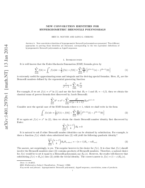 Pdf New Convolution Identities For Hypergeometric Bernoulli Polynomials