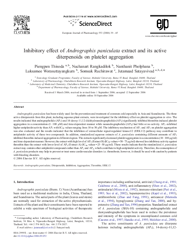 Inhibitory effect of Andrographis paniculata extract and its active diterpenoids on platelet ...