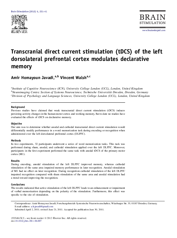 (PDF) Transcranial direct current stimulation (tDCS) of the left dorsolateral prefrontal cortex ...