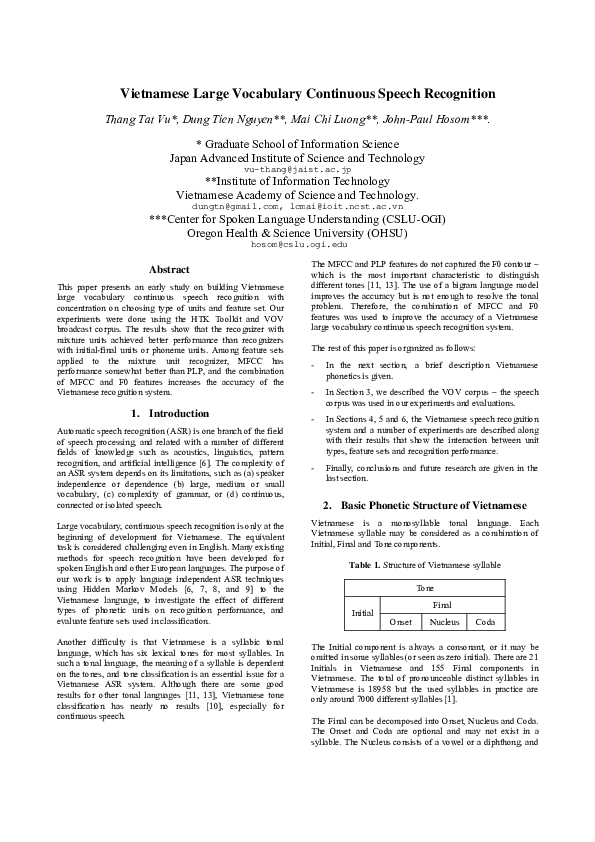 Pdf Vietnamese Large Vocabulary Continuous Speech Recognition