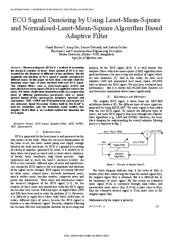 Ecg Signal Denoising Using Lms And Nlms Adaptive Filters