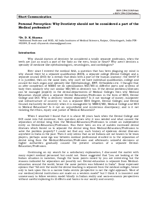 (PDF) Personal Perception: Why Dentistry should not be considered a ...