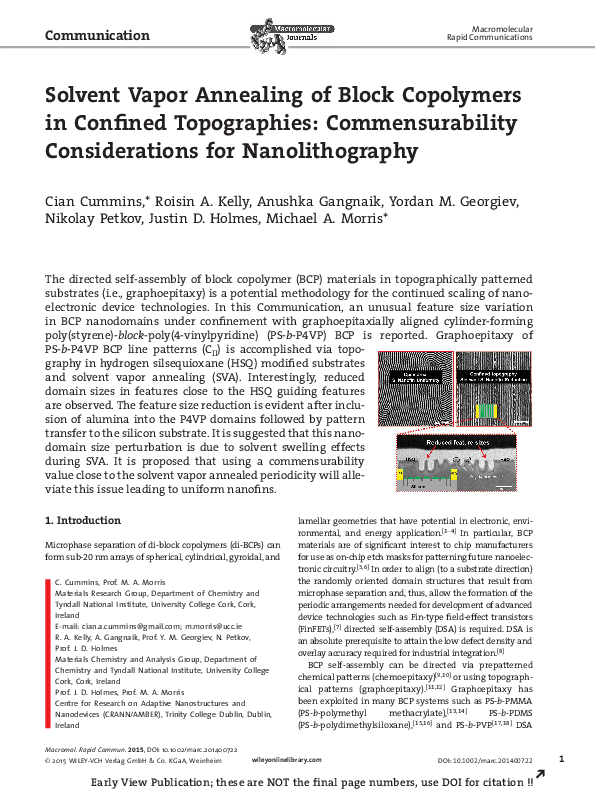 (PDF) Solvent Vapor Annealing of Block Copolymers in Confi ned ...