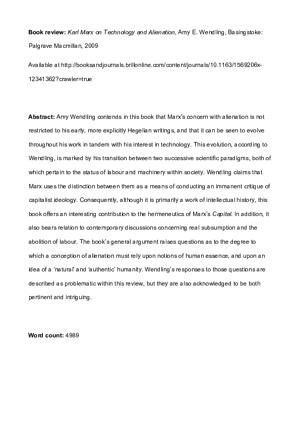 (PDF) Karl Marx on Technology and Alienation by Amy Wendling