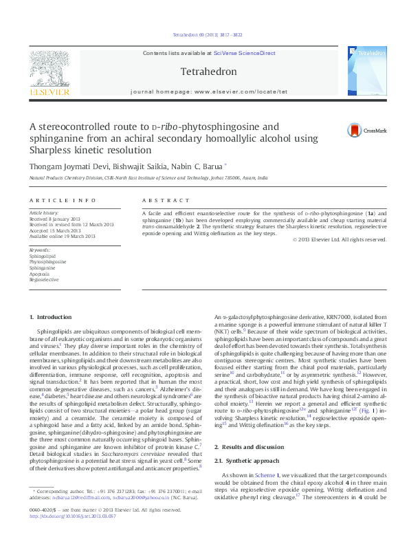 (PDF) A stereocontrolled route to D-ribo-phytosphingosine and ...