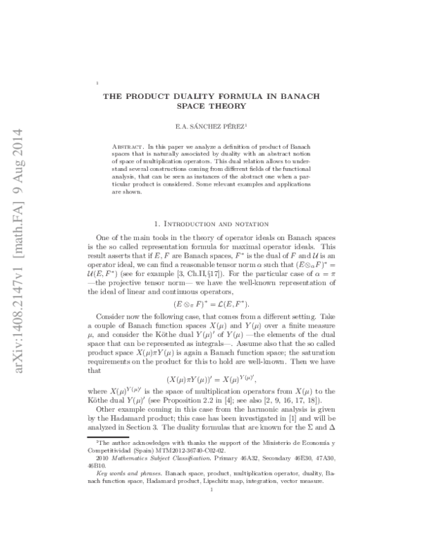 Pdf The Product Duality Formula In Banach Space Theory Enrique A Sanchez Perez