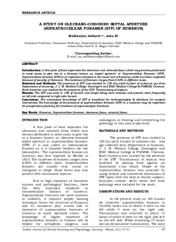 (PDF) A STUDY ON OLECRANO-CORONOID SEPTAL APERTURE (SUPRATROCHLEAR ...