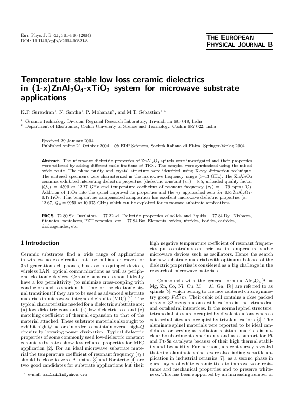 (PDF) Temperature stable low loss ceramic dielectrics in (1-x)ZnAl2O4-xTiO2 system for microwave ...