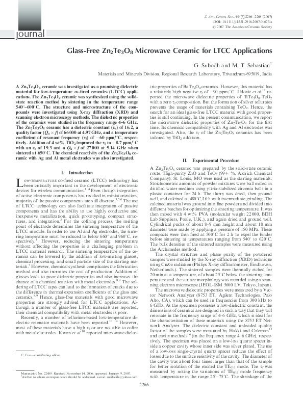(PDF) Glass-Free Zn2Te3O8 Microwave Ceramic for LTCC Applications