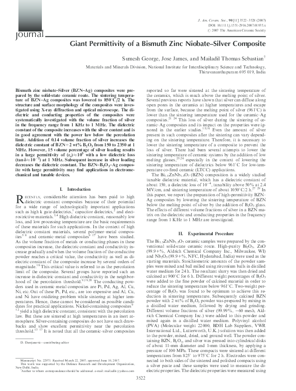 (PDF) Giant Permittivity of a Bismuth Zinc Niobate–Silver Composite