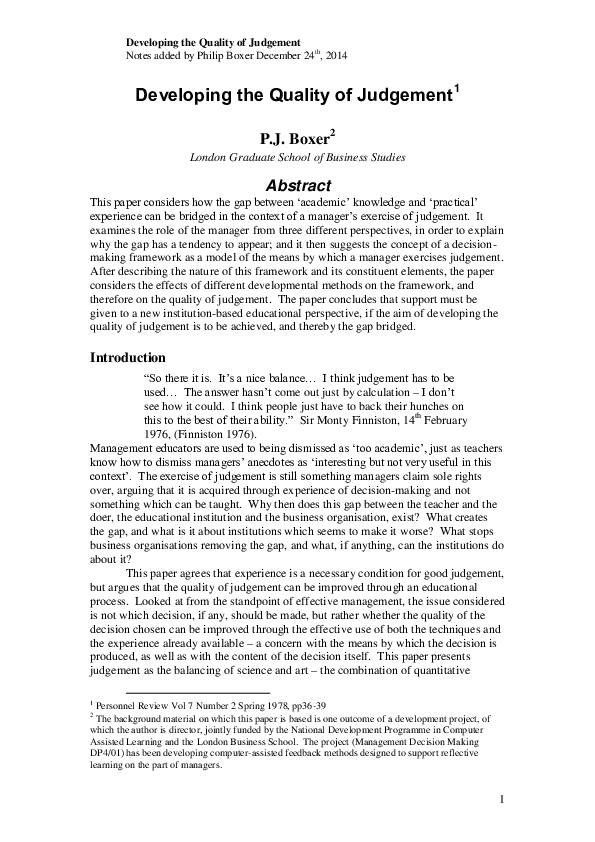 (PDF) Developing the quality of judgement