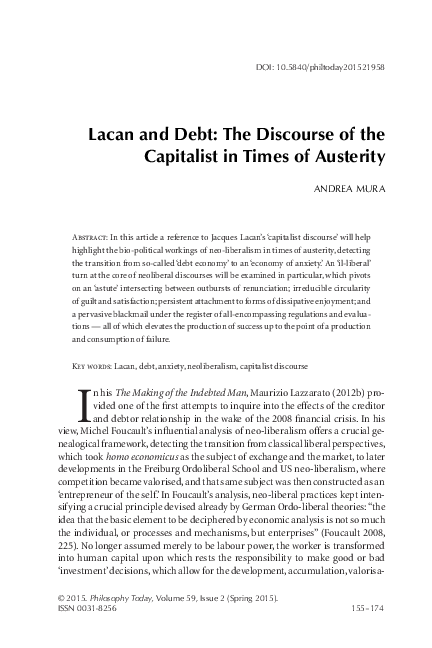 (PDF) Lacan and Debt: The Discourse of the Capitalist in Times of Austerity