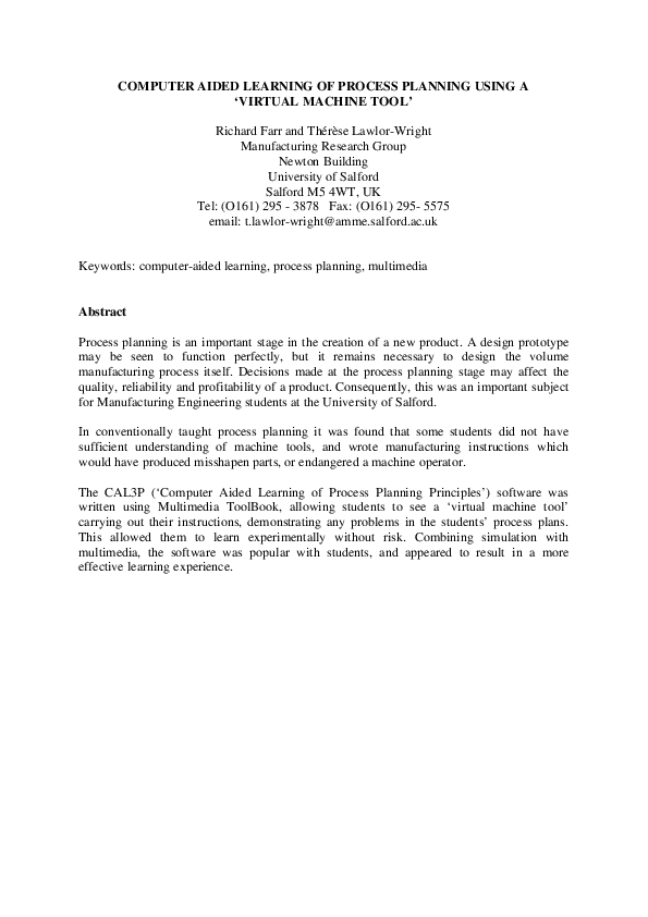 (PDF) COMPUTER AIDED LEARNING OF PROCESS PLANNING USING A ‘VIRTUAL MACHINE TOOL’