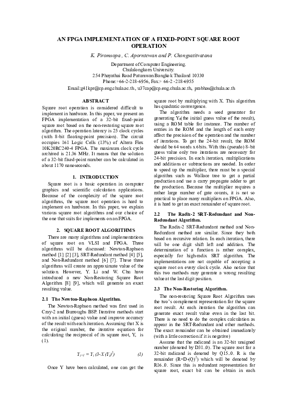 Pdf Fpga Fixed Point Square Root Implementation 