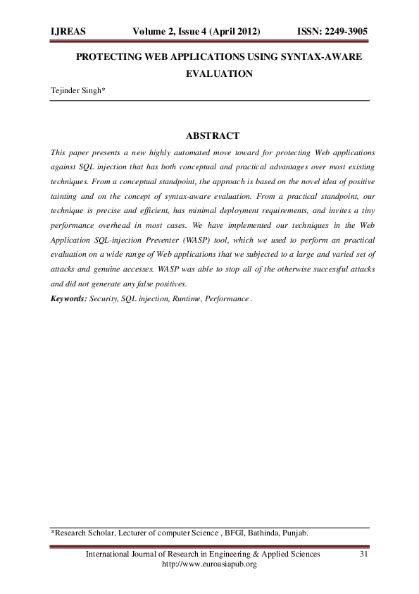 Pdf Protecting Web Applications Using Syntax Aware Evaluation 0903