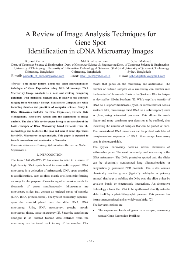 (PDF) A Review of Image Analysis Techniques for Gene Spot Identification in cDNA Microarray Images