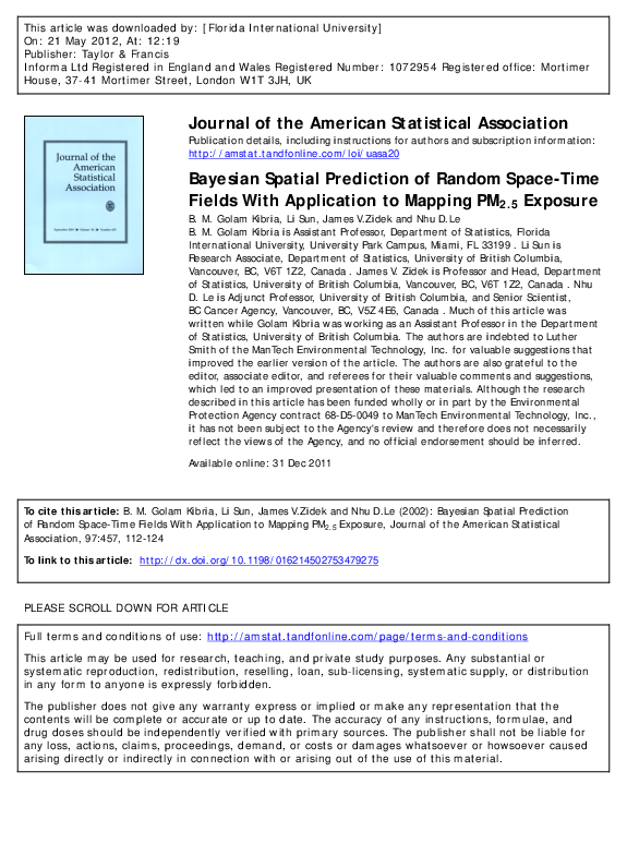 (PDF) Bayesian Spatial Prediction of Random Space-Time Fields With Application to Mapping PM205 ...