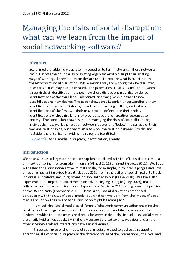 (PDF) Managing the risks of social disruption: what can we learn from ...
