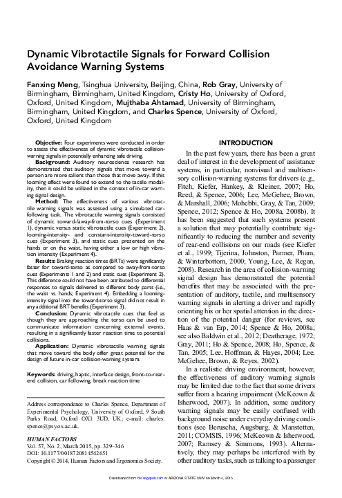 Pdf Dynamic Vibrotactile Signals For Forward Collision Avoidance Warning Systems