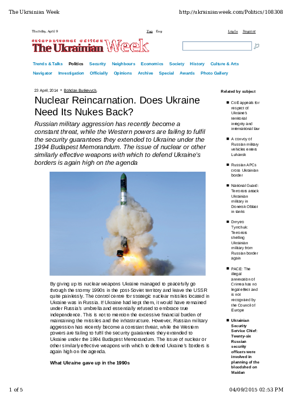 (PDF) Nuclear Reincarnation. Does Ukraine Need Its Nukes Back?