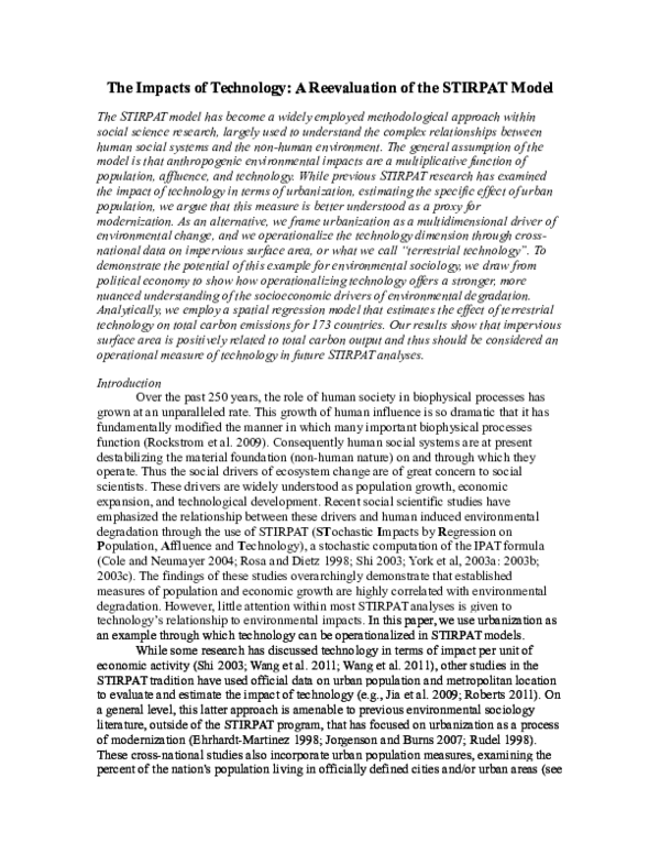 (DOC) The impacts of technology: a re-evaluation of the STIRPAT model