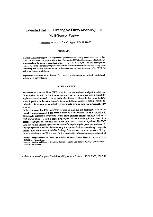 (PDF) Extended Kalman filtering for fuzzy modeling and multi-sensor fusion