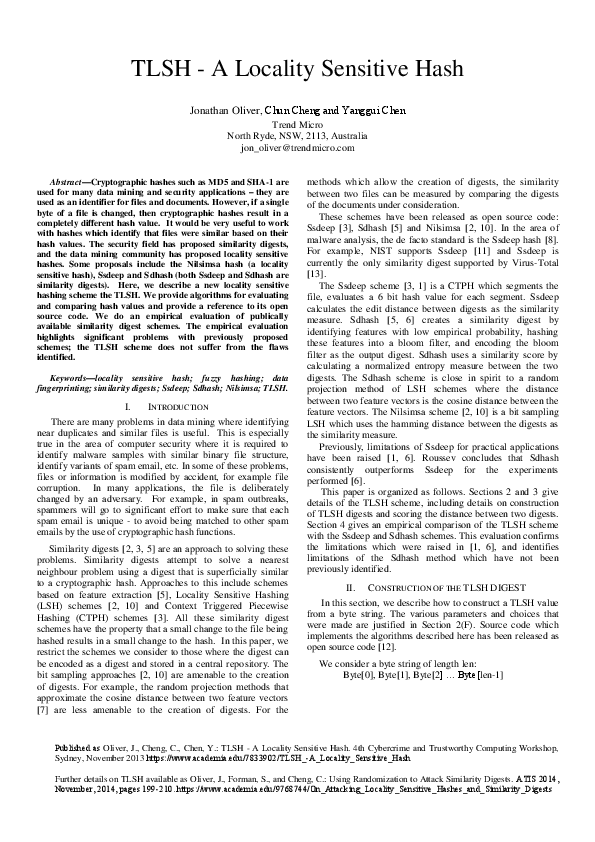 First page of “TLSH -A Locality Sensitive Hash”
