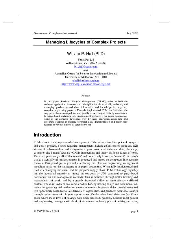 (PDF) Managing lifecycles of complex projects