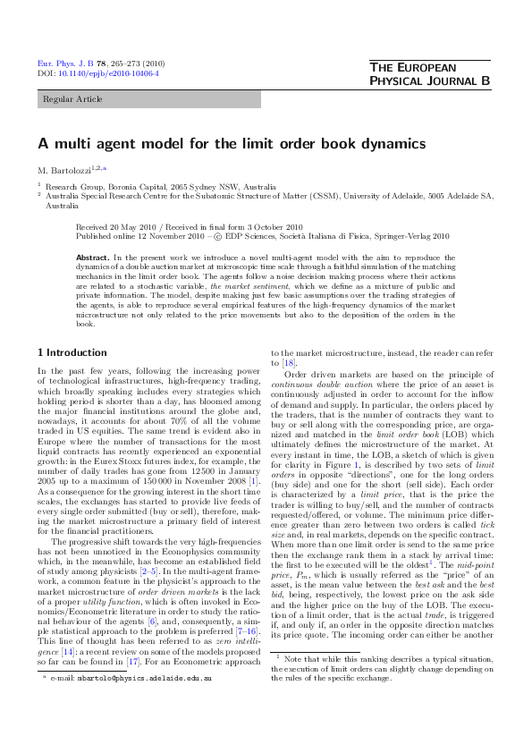 (PDF) A multi agent model for the limit order book dynamics
