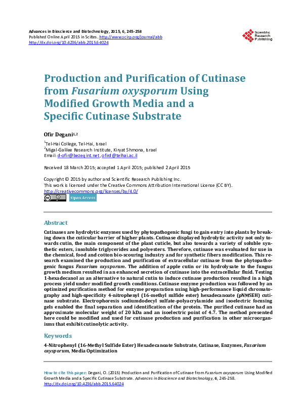 (PDF) Production and Purification of Cutinase from Fusarium oxysporum ...