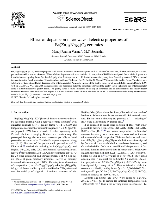 (PDF) Effect of dopants on microwave dielectric properties of Ba(Zn1/3Nb2/3)O3 ceramics