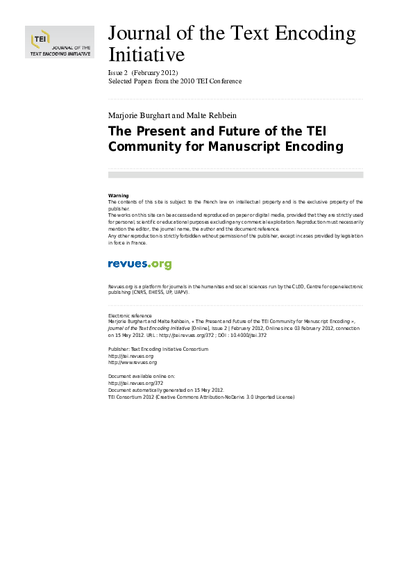 (PDF) The Present and Future of the TEI Community for Manuscript Encoding