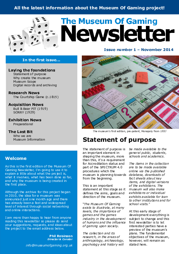 The Museum Of Gaming Newsletter 1