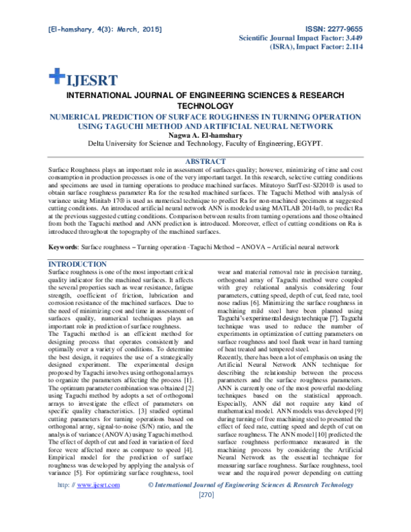 Pdf Numerical Prediction Of Surface Roughness In Turning Operation Using Taguchi Method And