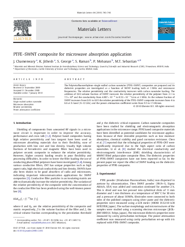 (PDF) PTFE–SWNT composite for microwave absorption application
