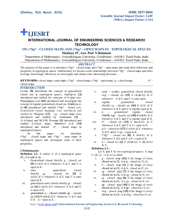 (PDF) ON r*bg* - CLOSED MAPS AND r*bg* - OPEN MAPS IN TOPOLOGICAL SPACES