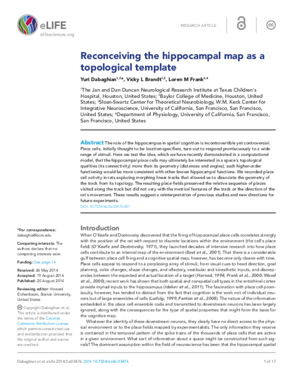 (PDF) Reconceiving the hippocampal map as a topological template.