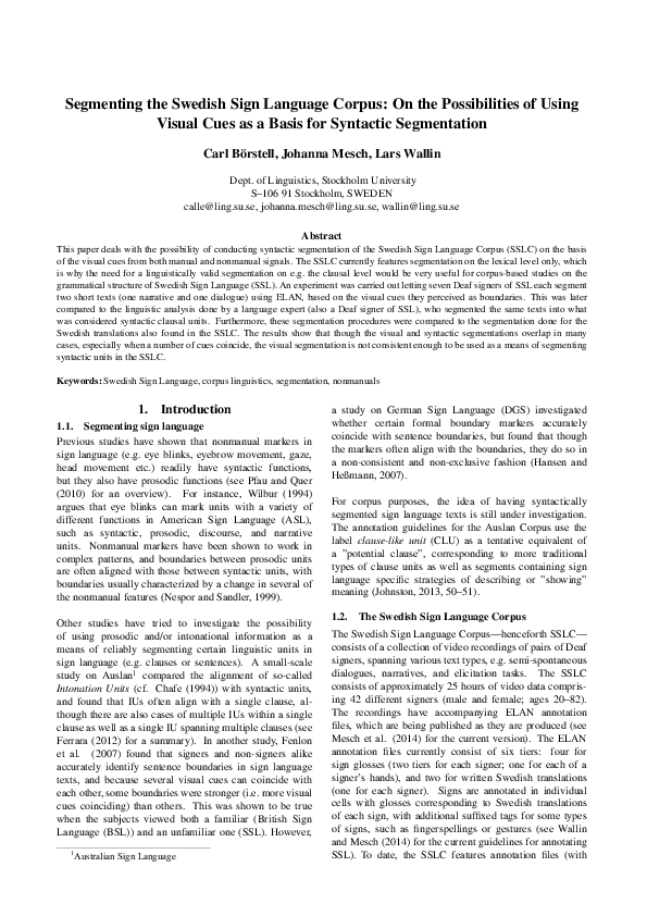 (PDF) Segmenting the Swedish Sign Language Corpus: On the Possibilities of Using Visual Cues as ...