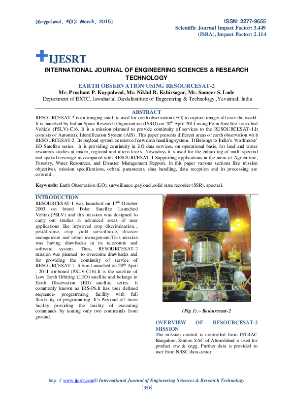 (PDF) EARTH OBSERVATION USING RESOURCESAT-2