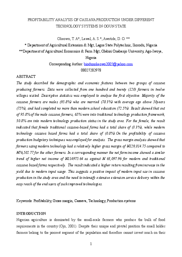 Doc Profitability Analysis Of Cassava Production Under Different